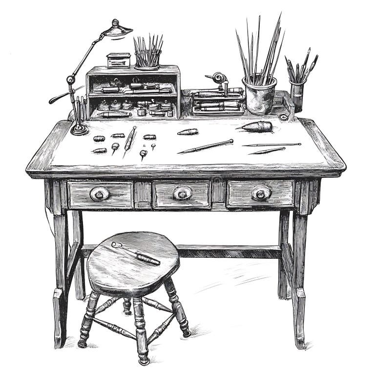 Artist S Workbench with Tools and Supplies Stock Illustration ...