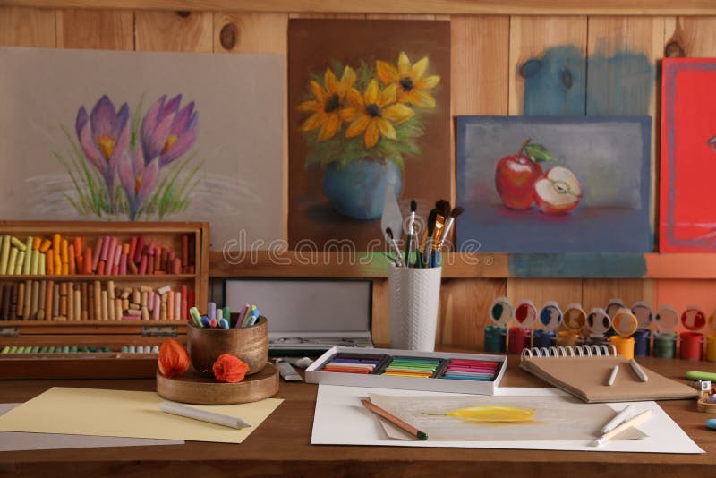 Artist`s Workplace with Drawing, Soft Pastels and Color Pencils on ...
