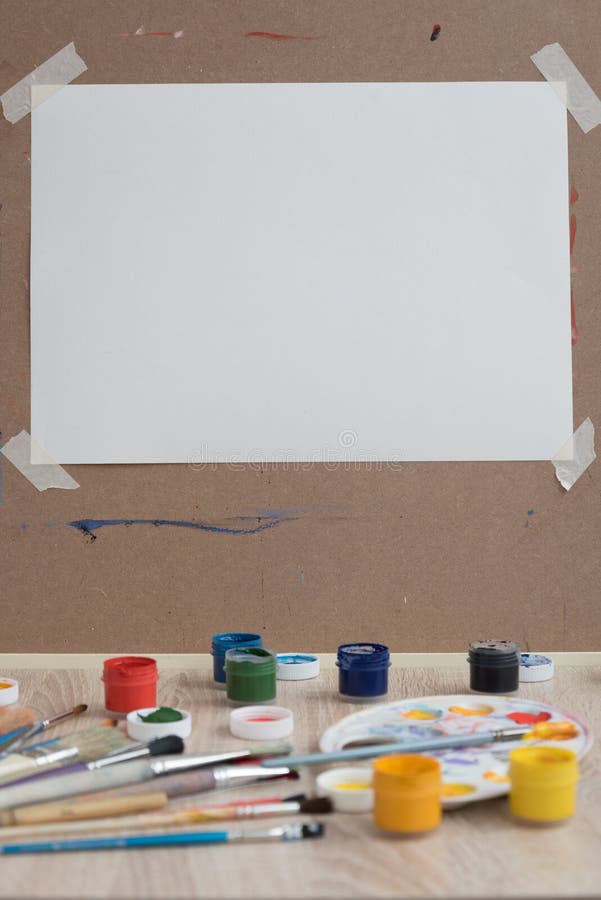 Artist`s Workplace. Everything is Ready for Work. Brushes, Paints ...