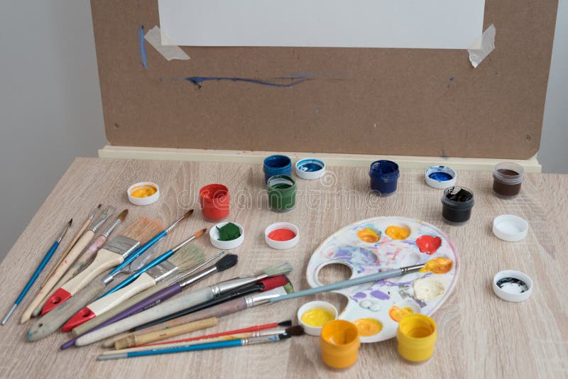 Artist S Workplace. Everything is Ready for Work. Brushes, Paints ...