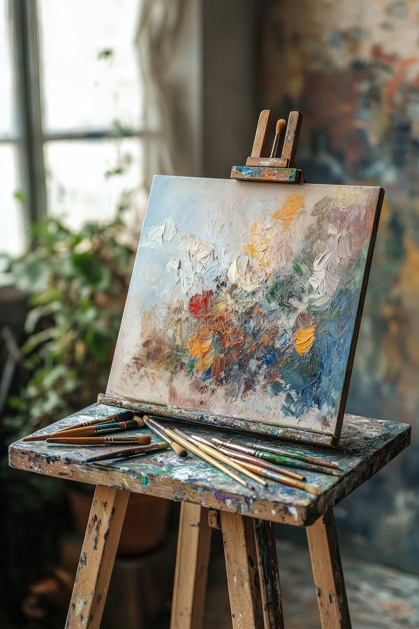 Artist S Workplace and Painting. Selective Focus Stock Photo - Image of ...