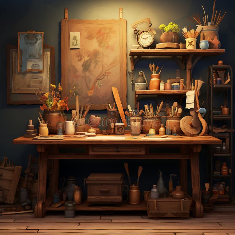 Artist S Workshop with Beautifully Crafted Workbench Stock Illustration ...