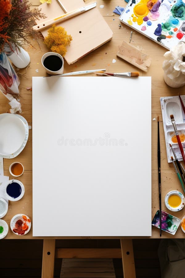 Artist S Workspace with Blank Canvas and Art Supplies Stock ...