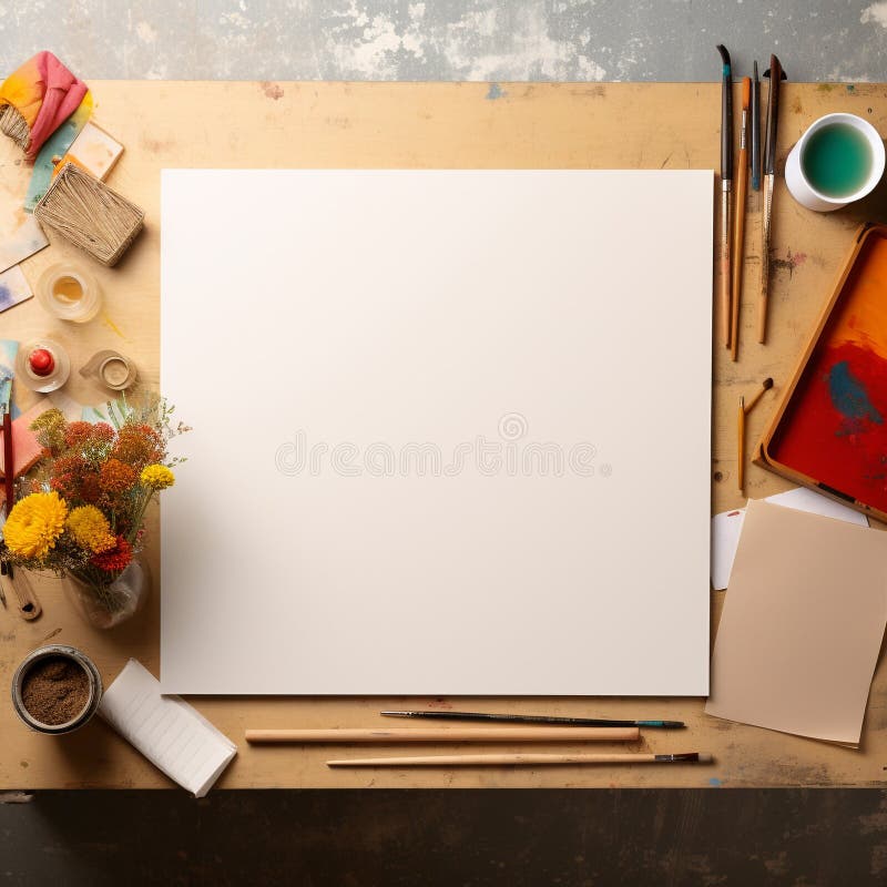 Artist S Workspace with Blank Canvas and Art Supplies Stock ...