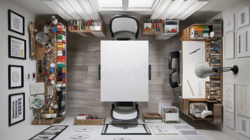 Artist S Workspace with Canvas and Paints and Art Supplies Stock ...