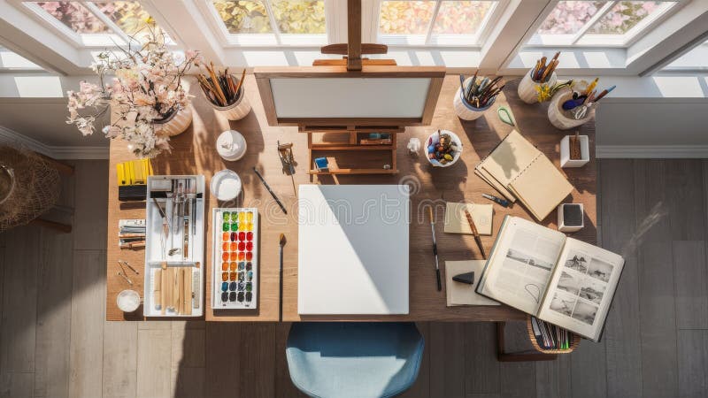 Artist S Workspace with Canvas and Paints and Art Supplies Stock ...