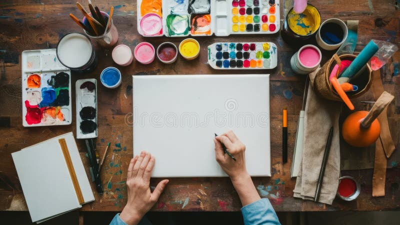 Artist S Workspace with Canvas and Paints, Working Artist Table Concept ...