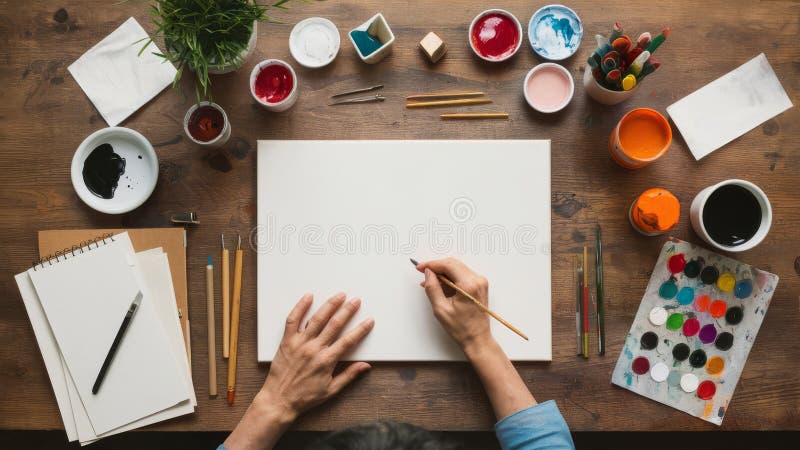 Artist S Workspace with Canvas and Paints, Working Artist Table Concept ...