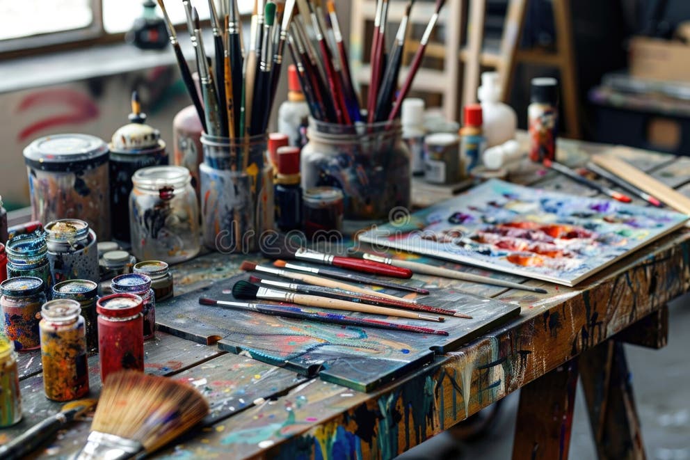 Artist S Workspace with Paints and Brushes Stock Photo - Image of ...