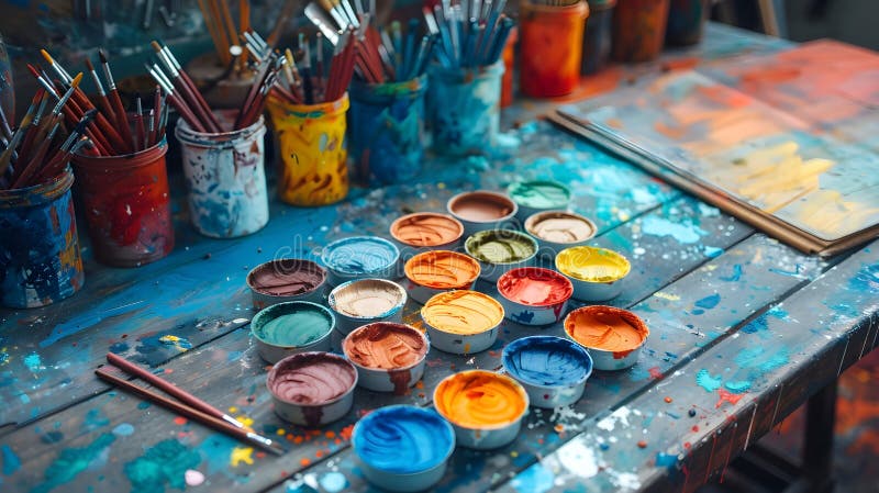 Cluttered Artist's Workspace Paint Brushes Various Tools Stock Photos ...