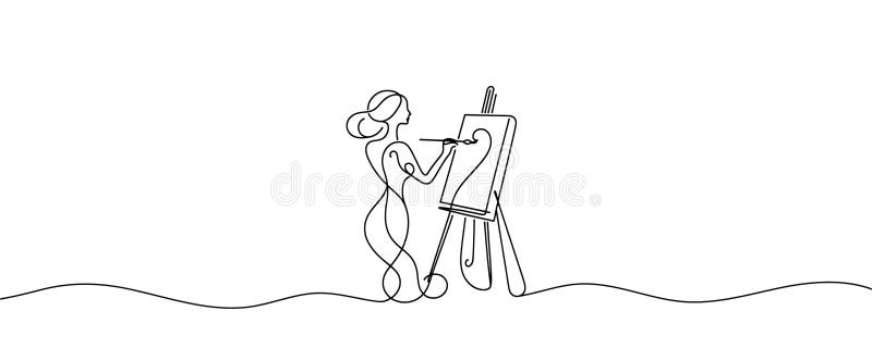The Artist Sits in Front of an Easel with a Palette and Brush in Hand ...