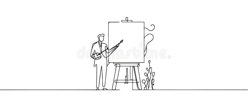 The Artist Sits in Front of an Easel with a Palette and Brush in Hand ...