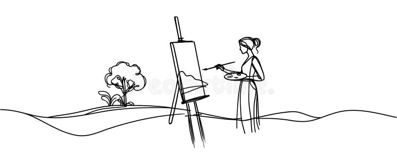 The Artist Sits in Front of an Easel with a Palette and Brush in Hand ...