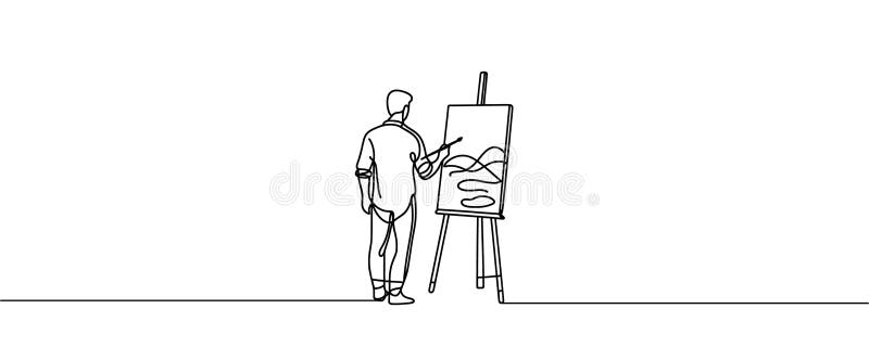 The Artist Sits in Front of an Easel with a Palette and Brush in Hand ...