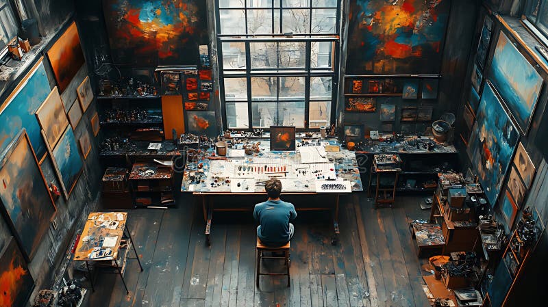 Artist Sits at Large Worktable in Messy, Art-filled Studio with Large ...