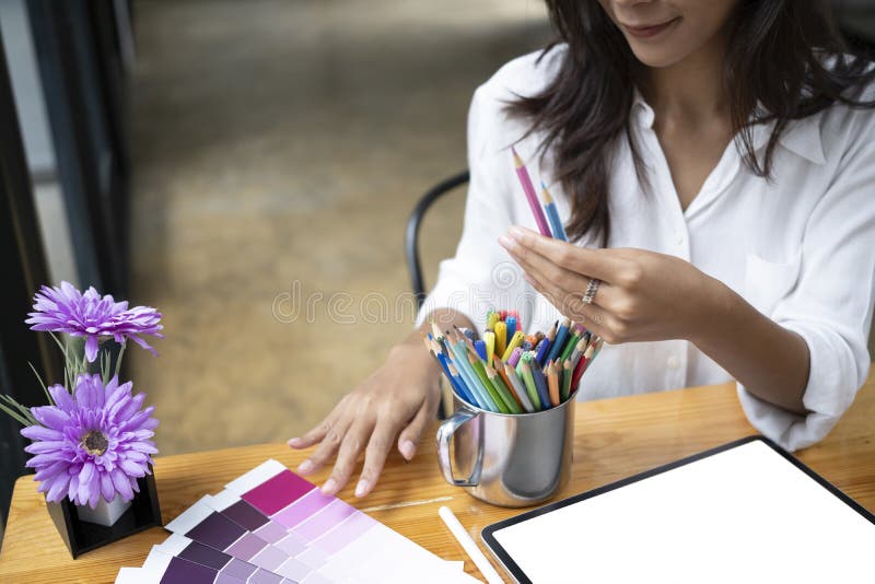 Artist Sitting in Creative Studio and Choosing Color for Her Artwork ...