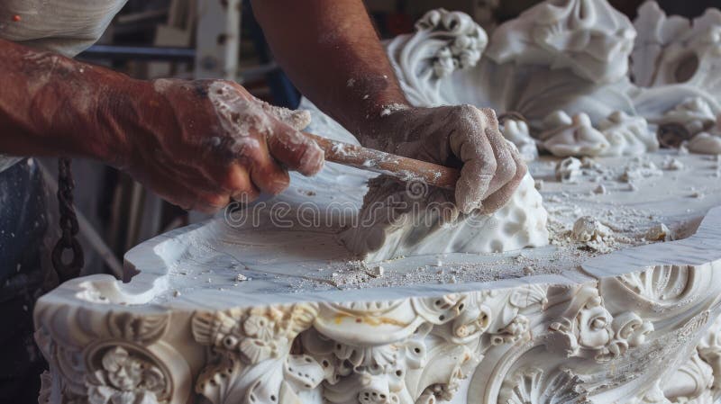 Marble Sculpting Mastery: Artist in Action with Chisel and Hammer in ...