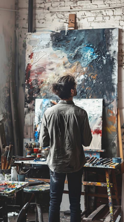 Artist in Studio Contemplating Abstract Painting, Creative Process ...