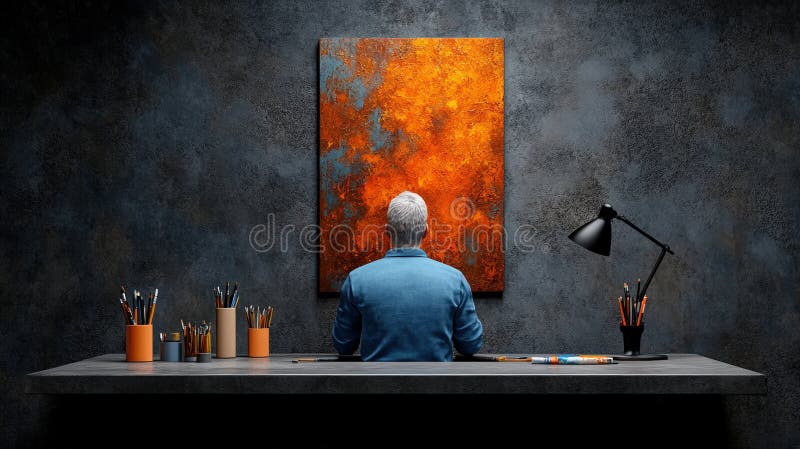 Artist in Studio Creating Vibrant Abstract Painting with Various Tools ...