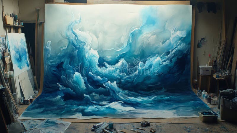 Artist Studio Featuring a Large Ocean Wave Painting Stock Illustration ...