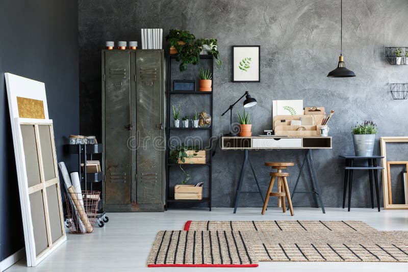 Artist studio in loft room stock image. Image of hipster - 96467177