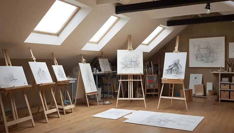 Artist Studio with Multiple Easels and Drawings in Natural Light Stock ...