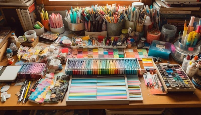 Artist Table, Chaotic Collection of Colorful Equipment Generated by AI ...