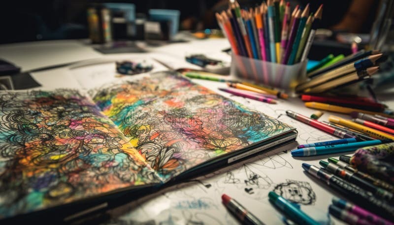 Artist Table Messy Collection of Art Products Generated by AI Stock ...