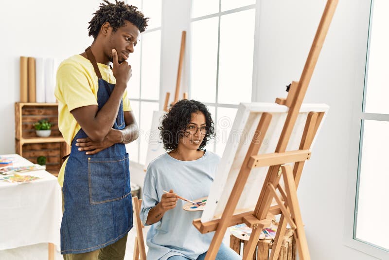 Artist Teacher and Student Painting at Art Studio Stock Photo - Image ...