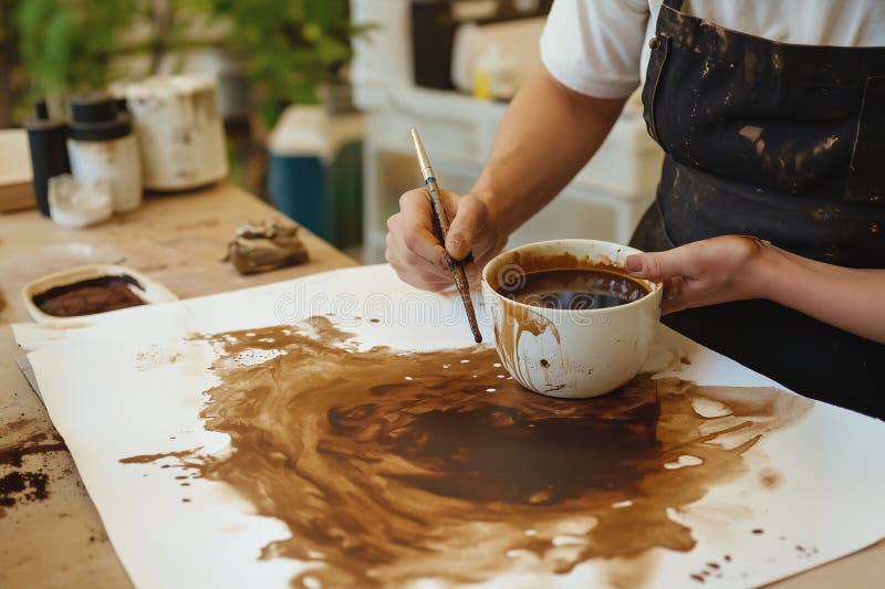 Artist Using Coffee To Create Abstract Painting Using Coffee Grounds ...