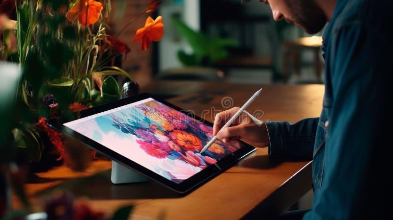 Artist Using a Digital Tablet Device for Drawing or Graphic Design, AI ...