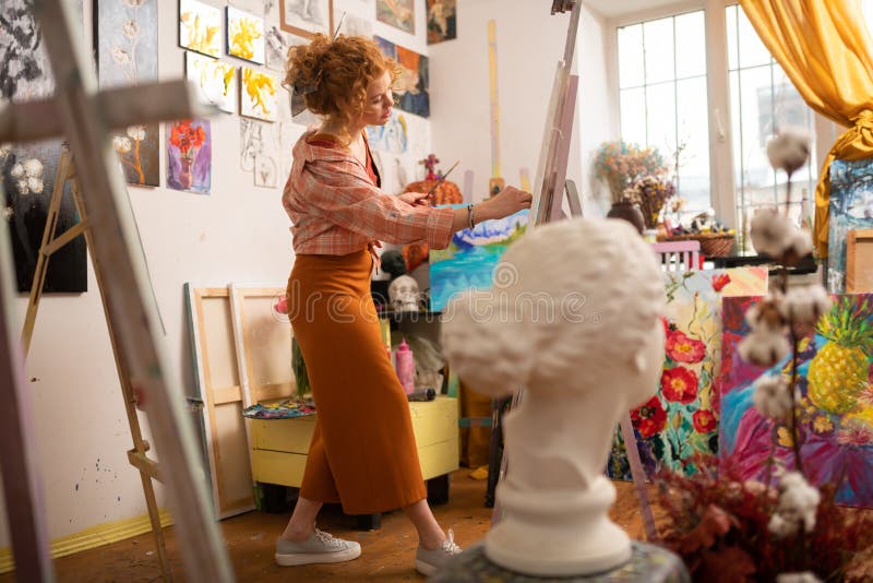 Artist Wearing Stylish Outfit Working in Artistic Workshop Stock Image ...