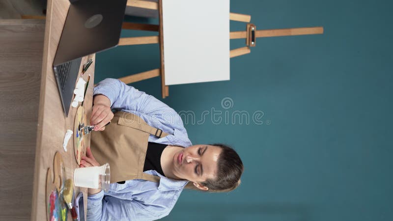Artist Woman Having Online Paint Class on Video Call in Home Art Studio ...