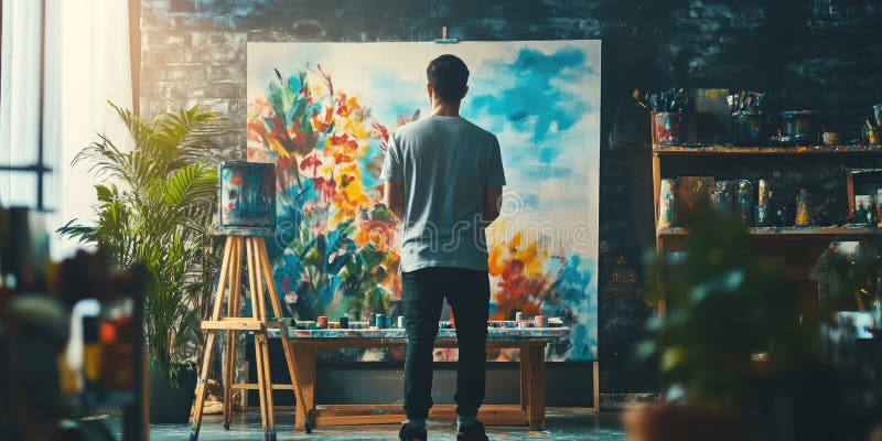 Artist at Work in Studio with Abstract Painting Stock Illustration ...