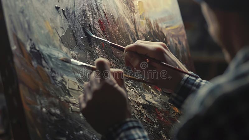 Artist at Work in Workshop, Close Up of a Young Artist is Painting with ...