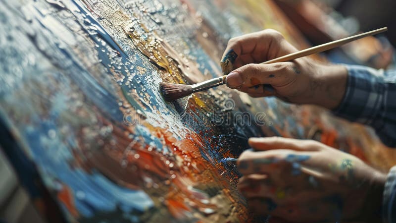 Artist at Work in Workshop, Close Up of a Young Artist is Painting with ...