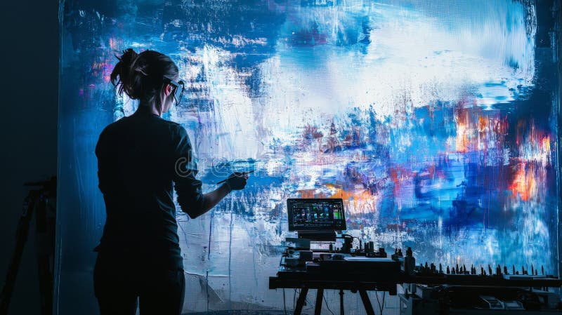 Artist Working on Abstract Painting with Digital Tools in a Studio ...