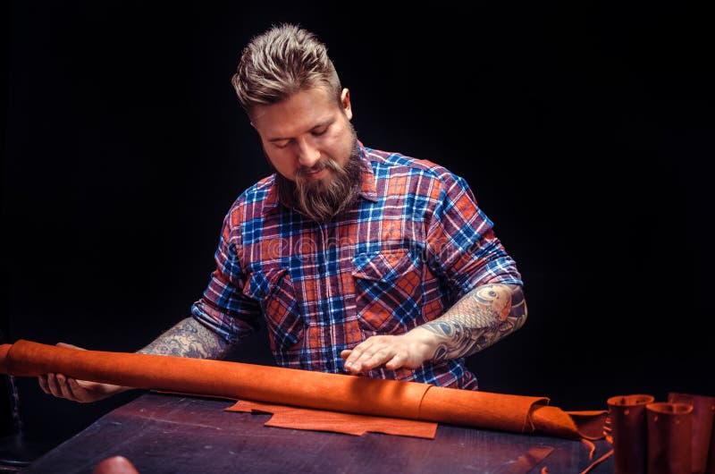 Man Working with Leather Creates Quality Product of Leather at the Shop ...