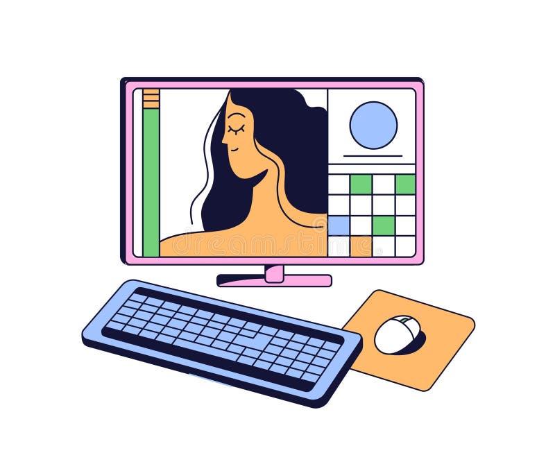 Artist Workplace with Computer. PC Monitor with Keyboard, Mouse and Pad ...