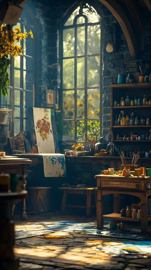 Artist Workspace with Paintbrushes and Colorful Paints in a Sunlit ...