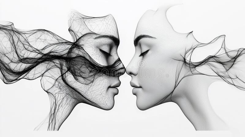 Artistic Abstract Faces Formed by Flowing Lines Stock Illustration ...