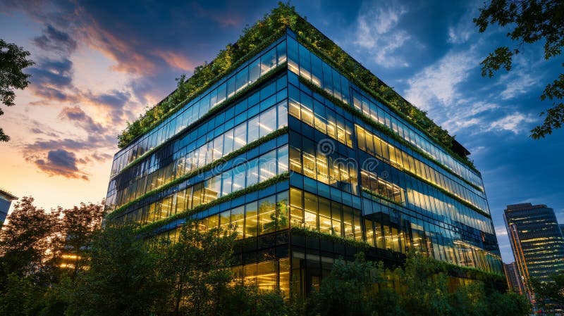 Artistic Angle of Glass Office Building Facade with Greenery Stock ...