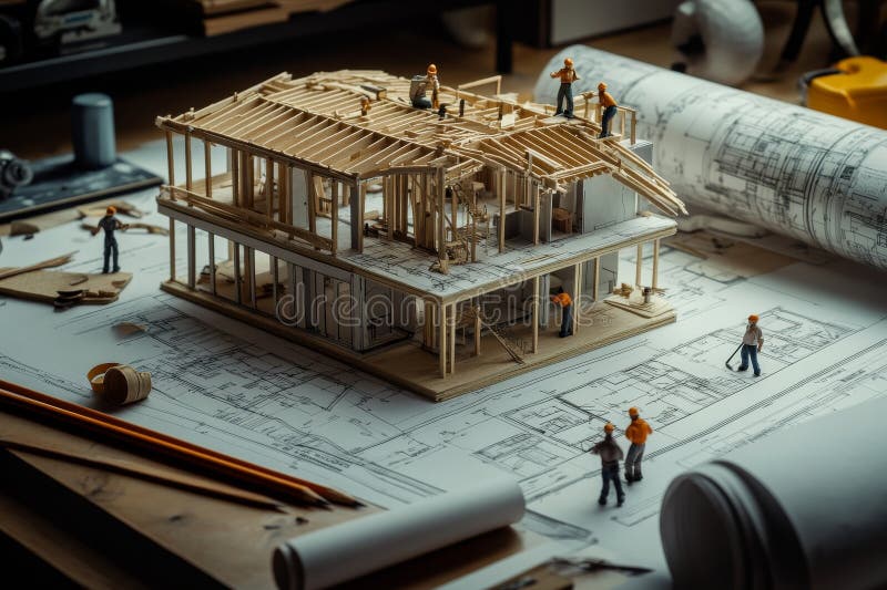 Artistic Architectural Workspace Blueprints, Miniature Model, and ...