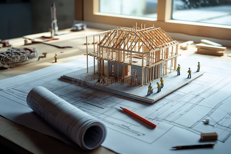 Artistic Architectural Workspace Blueprints, Models, and Workers ...