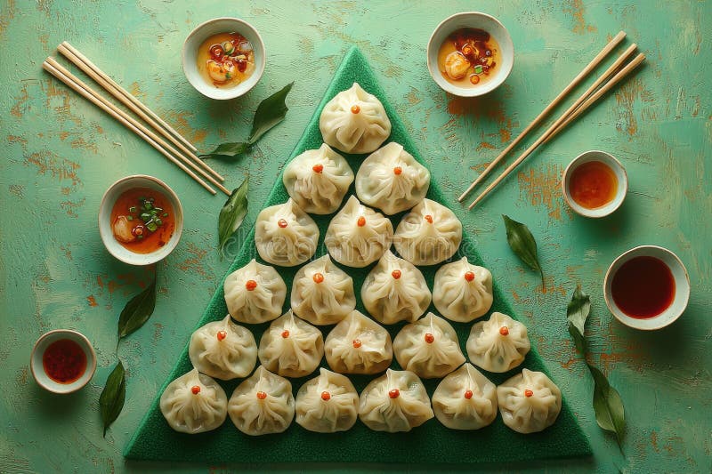Artistic Arrangement of Dumplings in a Triangular Shape with Sauces ...