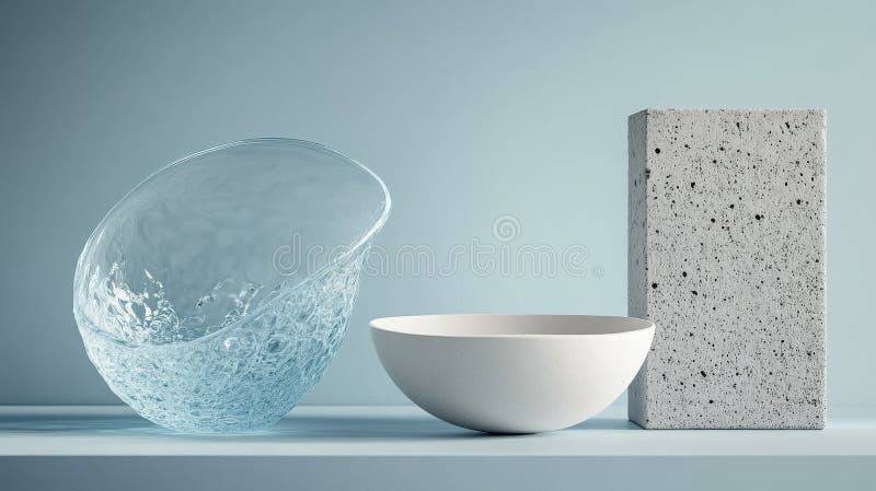 Artistic Arrangement of Glass Bowl, Ceramic Dish, and Concrete Block on ...