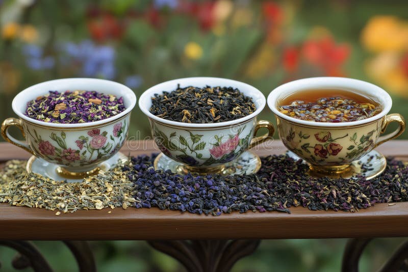 Artistic Arrangement of Herbal Tea Blends in Elegant Teacups.on a Table ...