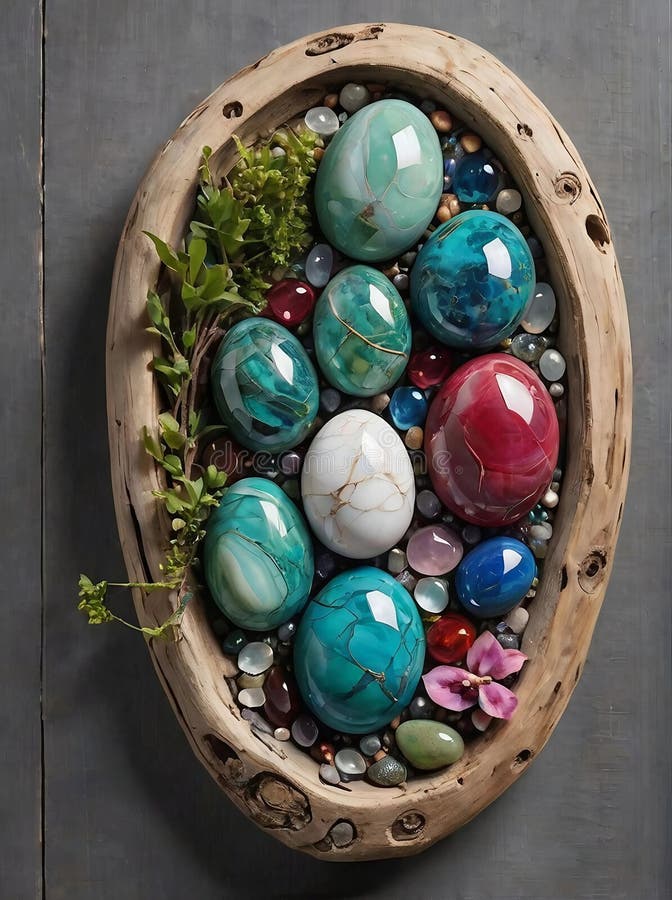 Artistic Arrangement of Multicolored Gemstone Eggs with Greenery in a Rustic Driftwood Frame ...