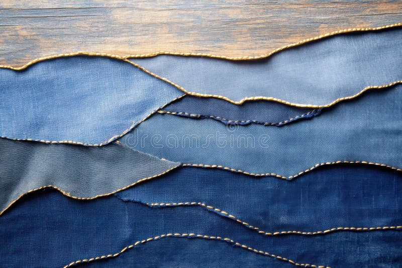 Artisanal Abstract Fabric Collage Showcasing Navy Blue and Gray Tones ...