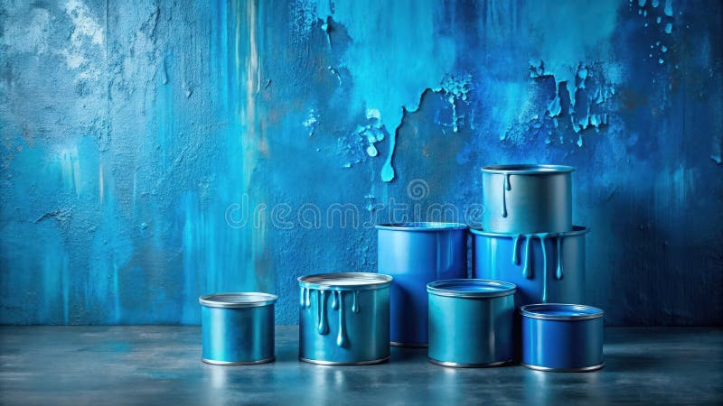 Artistic Arrangement of Paint Cans with Dripping Vibrant Blue Paint ...